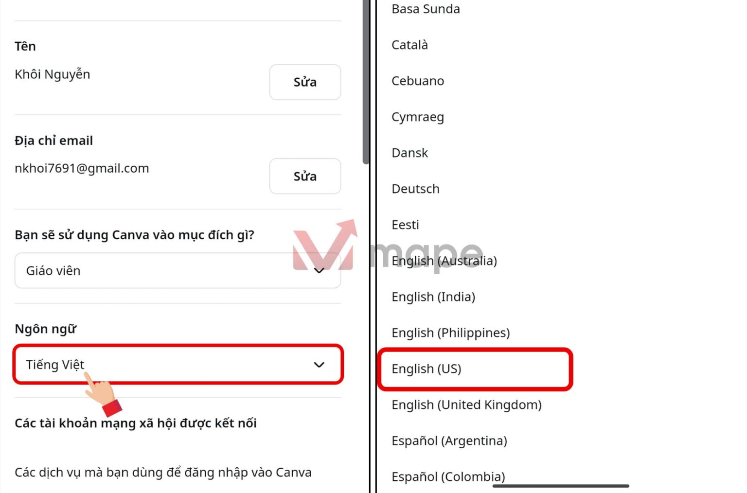 Cách chuyển đổi ngôn ngữ trên Canva cực đơn giản - Mape Academy